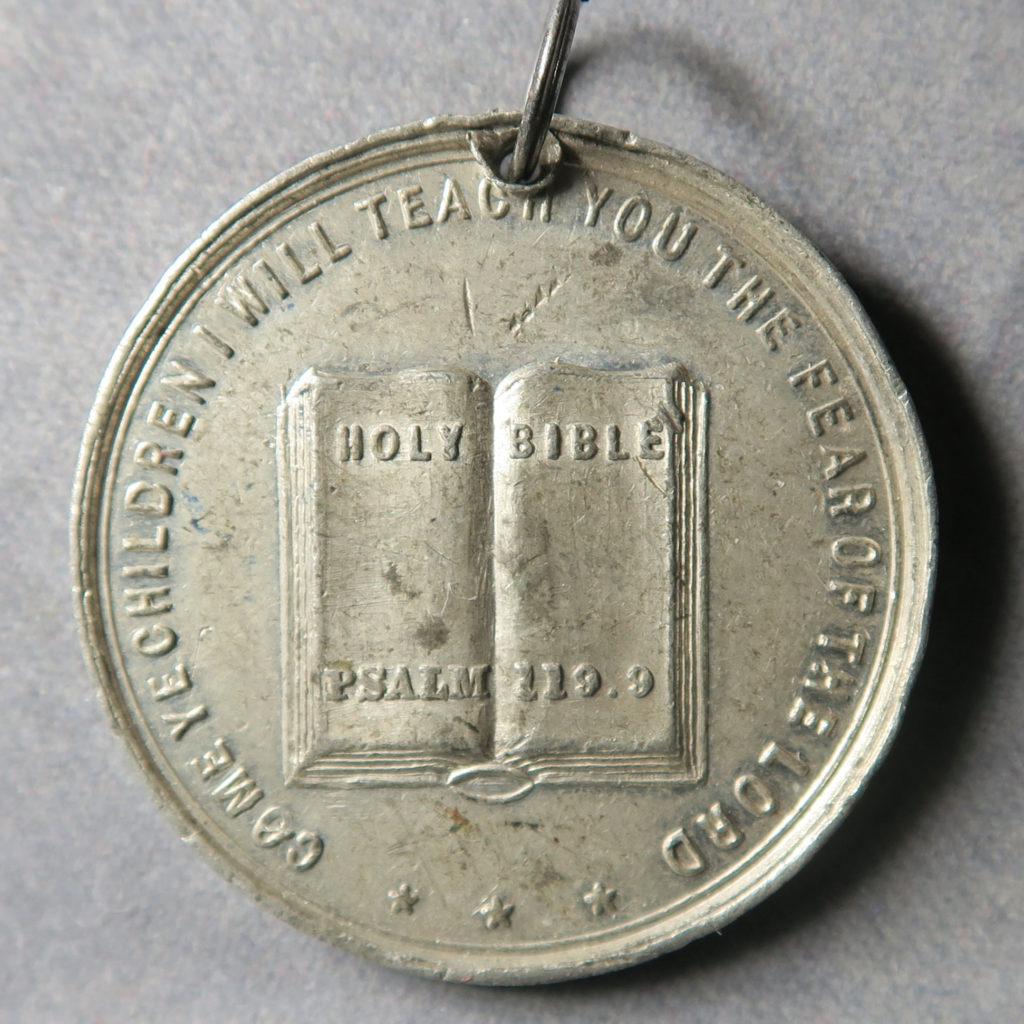 Liverpool Free Gospel Sunday School 1879 pewter medal - Simmons Gallery